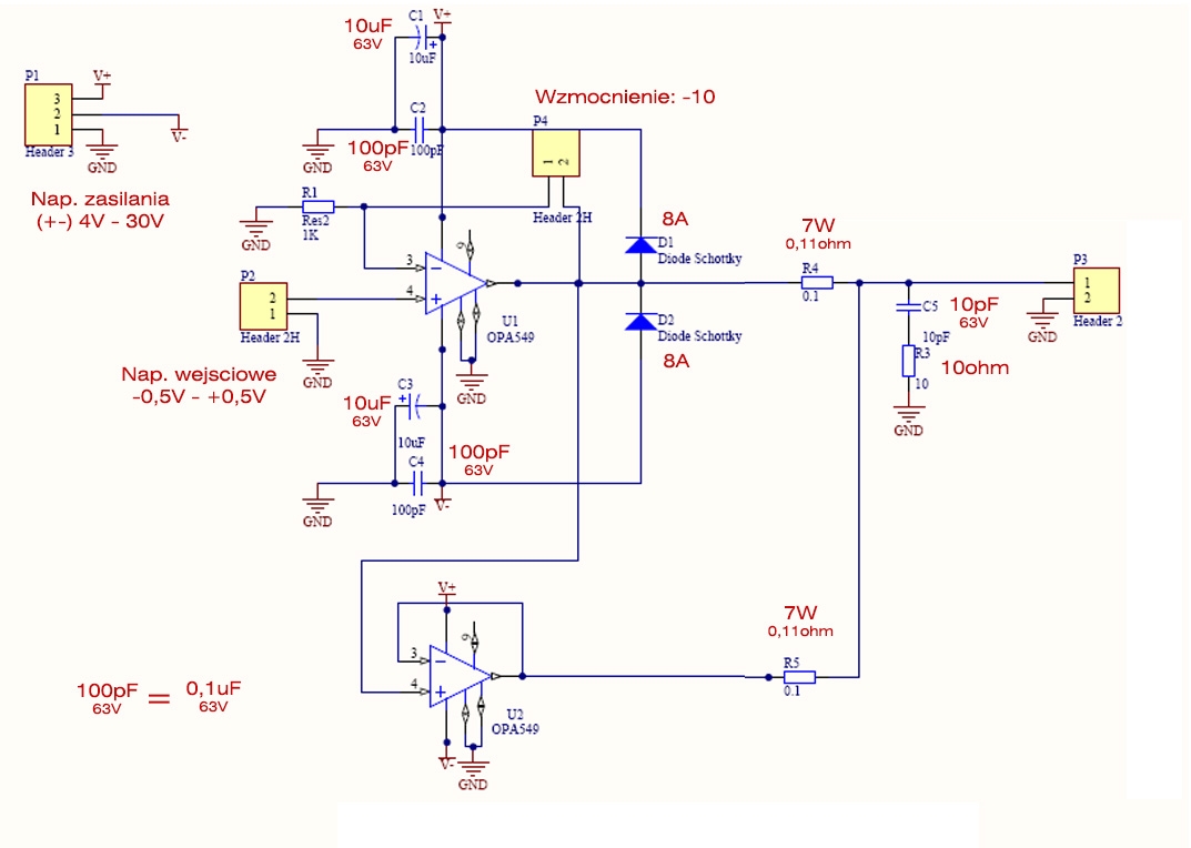 OPA549 - Wzmacniacz na OPA549. Dioda wskazująca przeciązenie układu.
