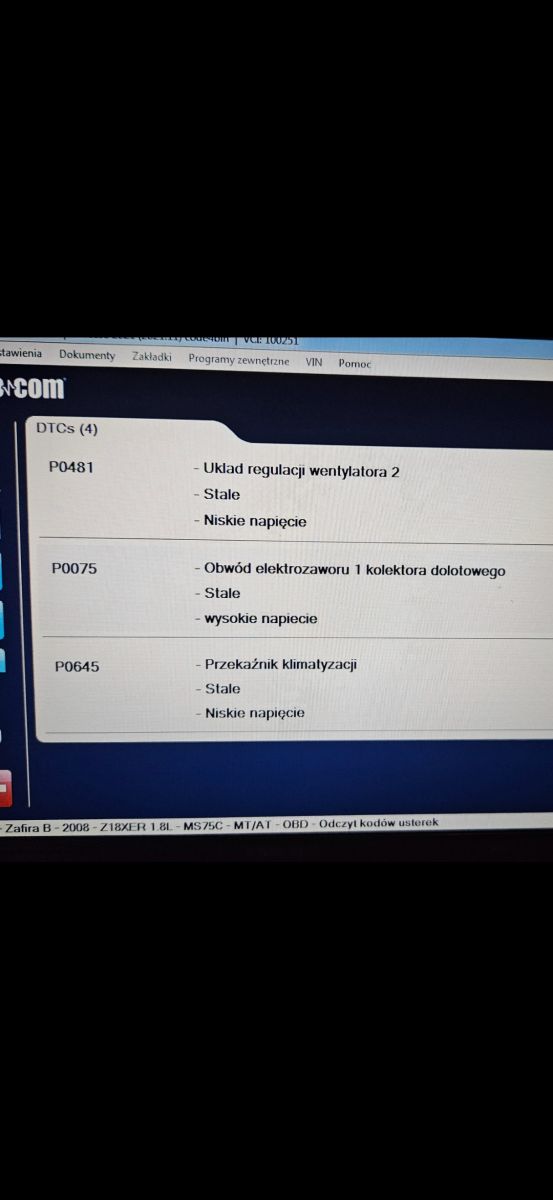 Opel Zafira 1.8 z18xer - stały błąd p0530 po odpaleniu, wentylator chłodnicy aktywny