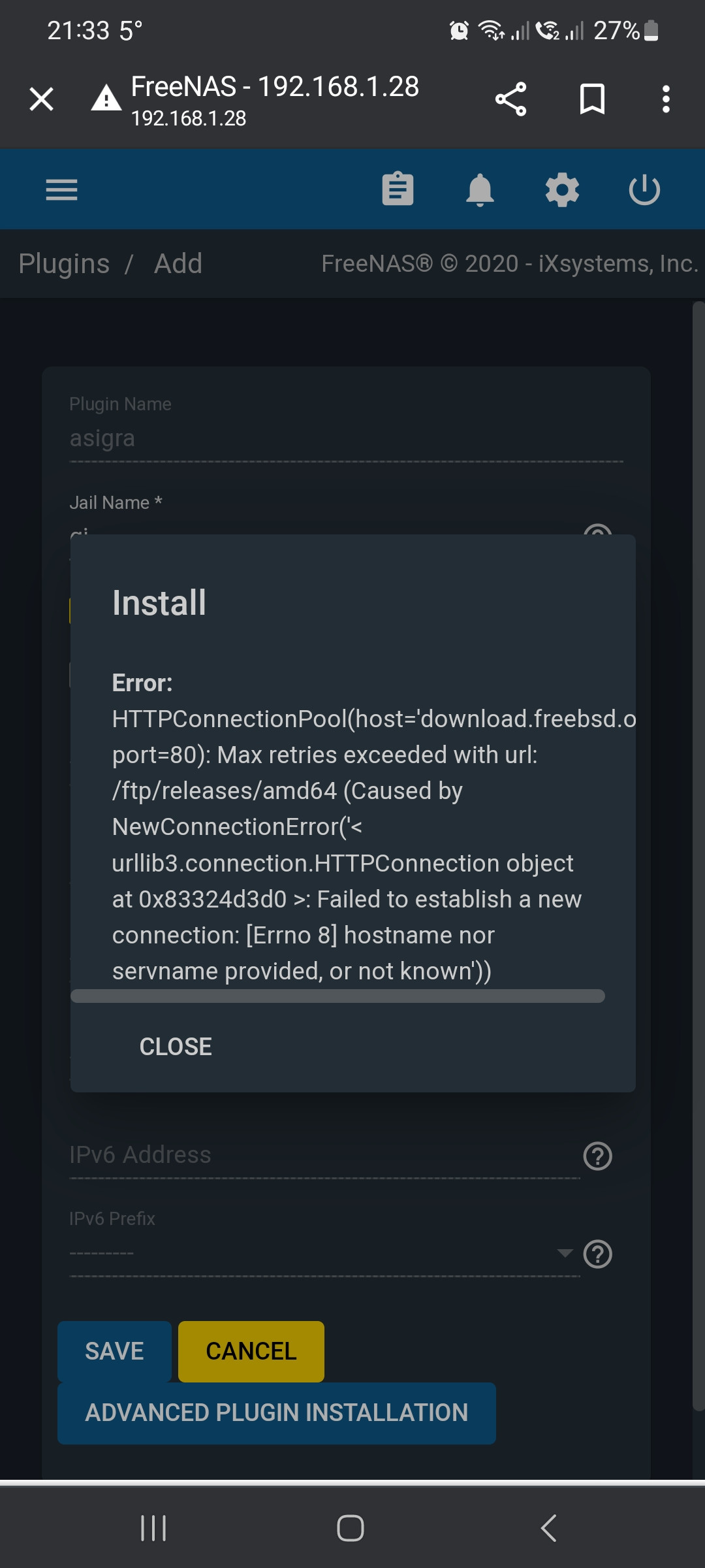 Błąd instalacji pluginu Plex na FreeNAS 11.2 - jak naprawić?