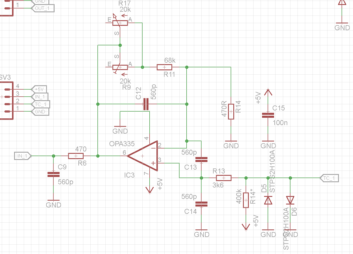 Napięcia na wejściach i wyjściu wzmacniacza OPA27 w układzie termopary ...