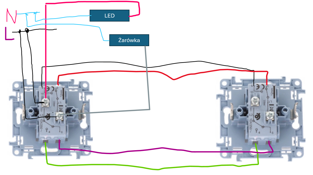 Jak podłączyć włącznik schodowy podwójny do dwóch obwodów z LED i żarówką?