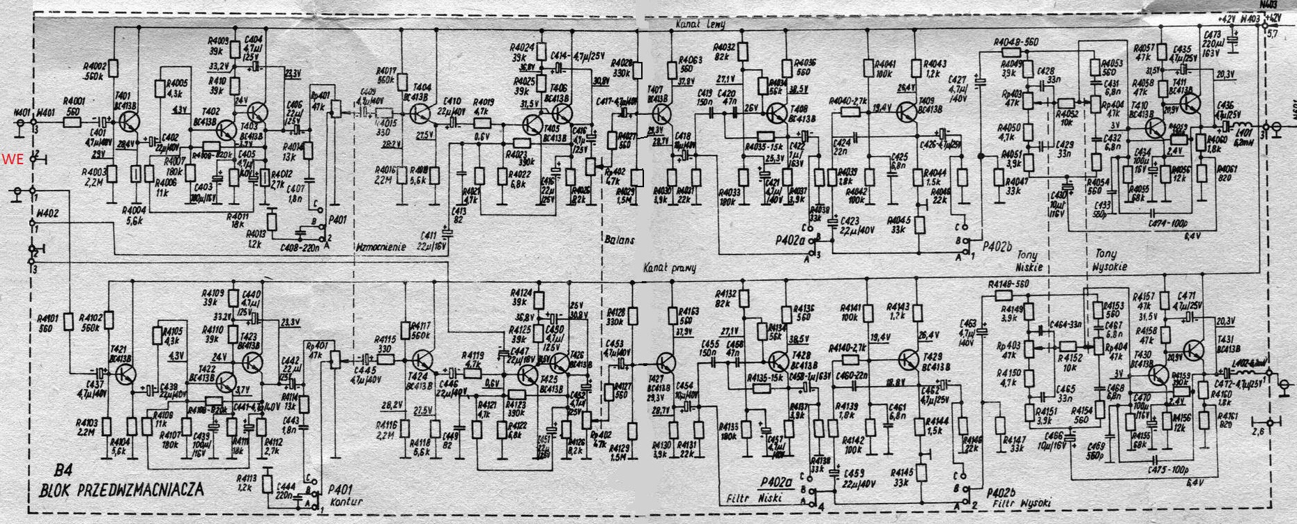 Radmor 5412 - brak sygnału z przedwzmacniacza prawego kanału na płytkę B6