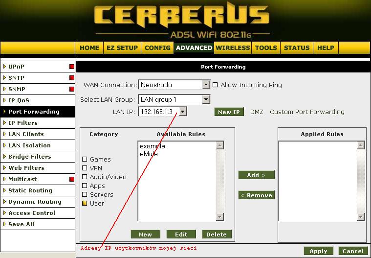 Pentagram Cerberus ADSL – ustawienia przekierowania portów eMule nie ...