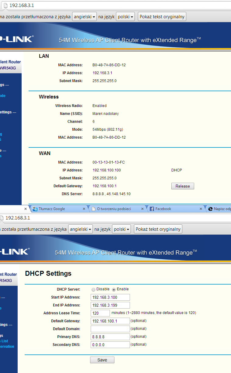TP-Link - Brak adresu IP na telefonie w sieci z TL-WR543G i TL-WA500G