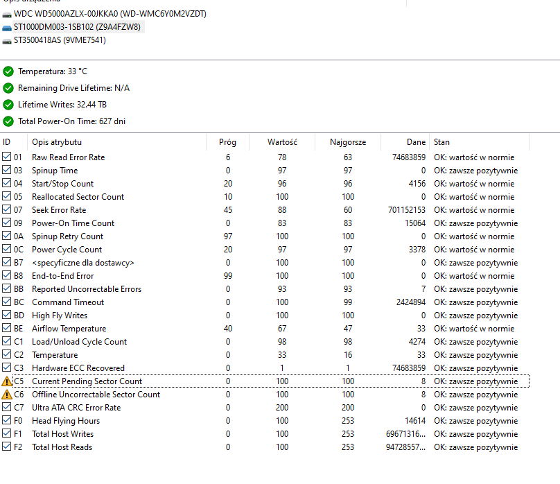 Current Pending Sector Count i Offline Uncorrectable Sector Count w SMART