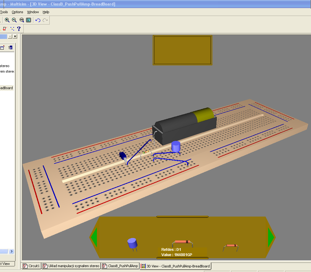 Multisim 8 - wyszukiwanie diody Zenera o określonym napięciu i widok PCB