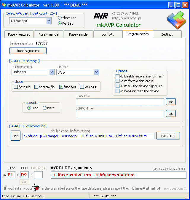 AVR fuse Calculator i programator graficzny z avrdude - 2