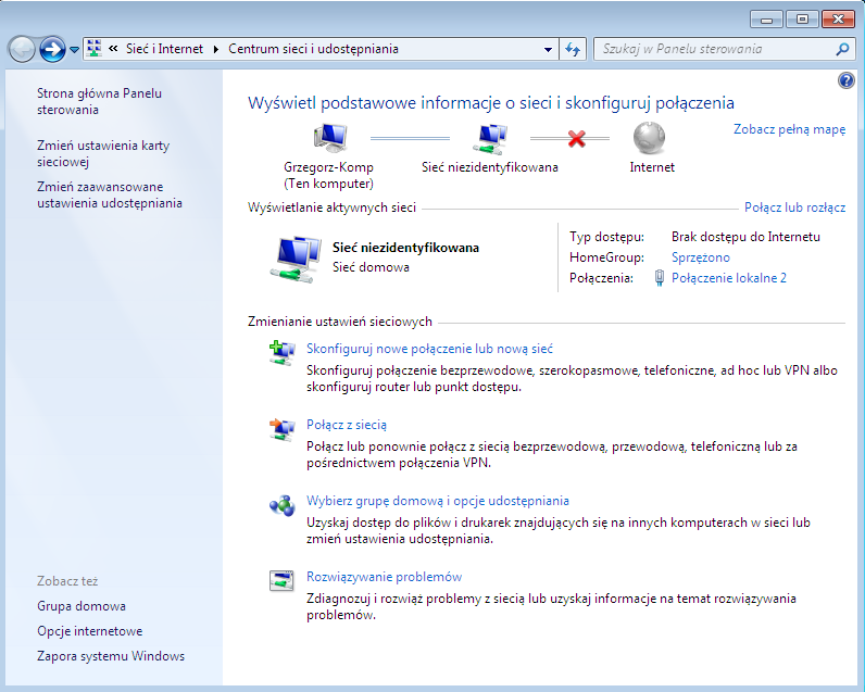 Brak internetu po instalacji Windows 7 Ultimate - sieć niezidentyfikowana
