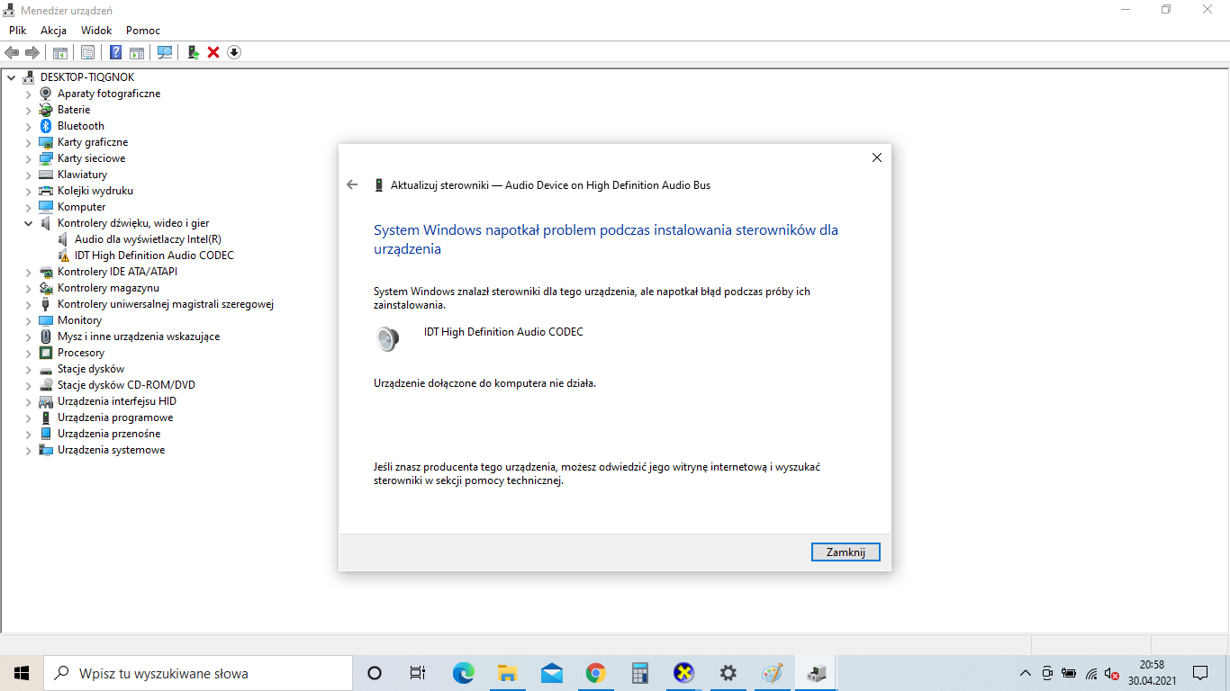 Toshiba satelite C-55-A-1GU brak dźwięku po reinstalacji systemu Windows 10