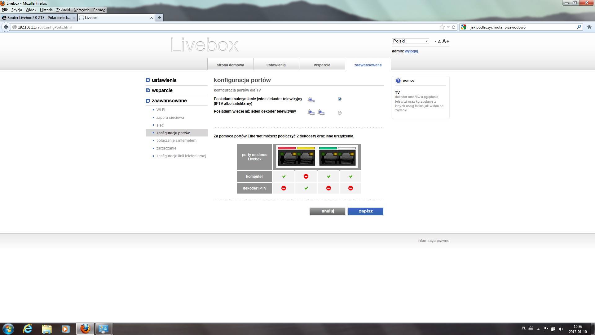 Router Livebox 2.0 ZTE - Połaczenie kablem przewodowo