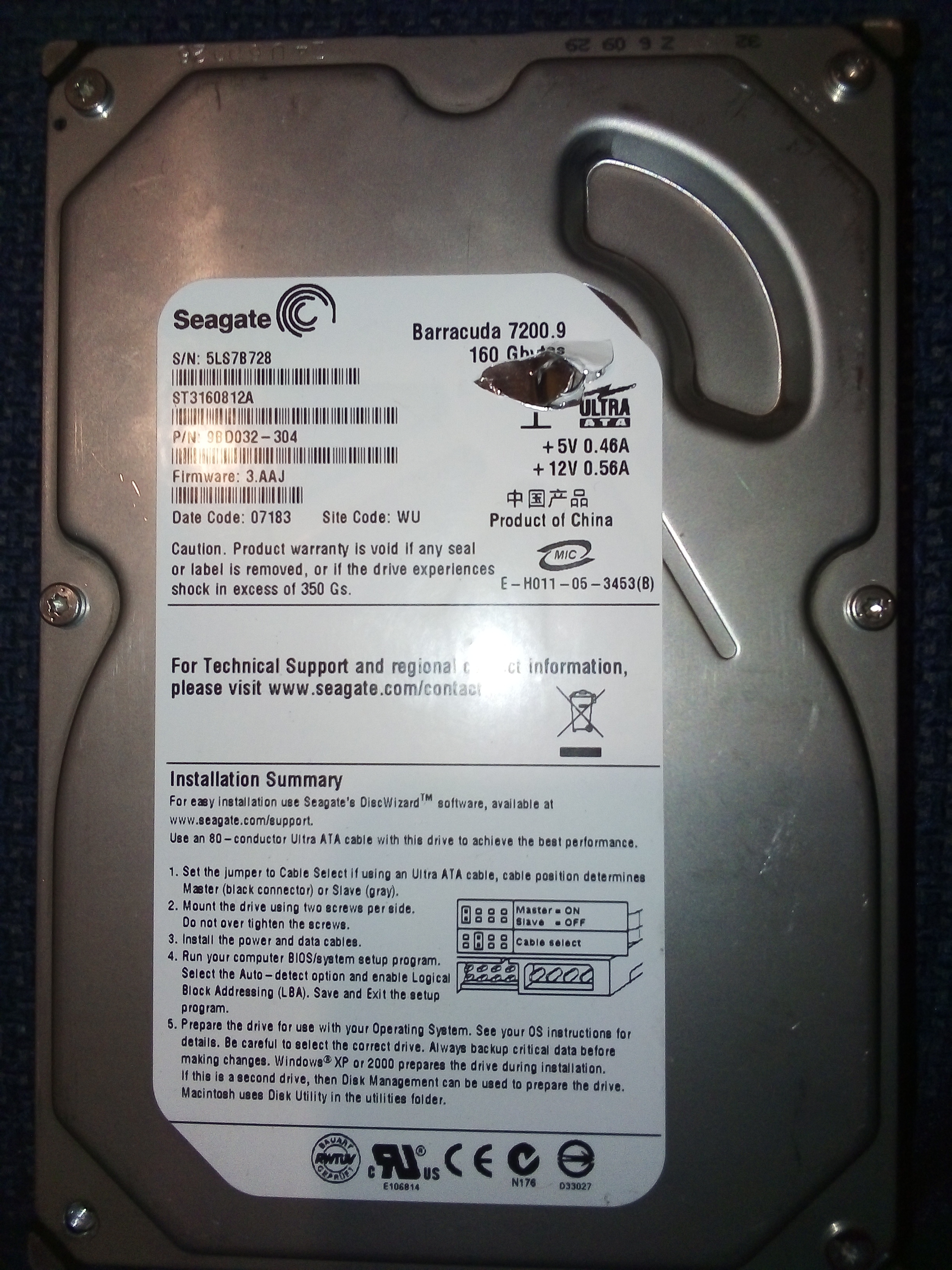Seagate ST3160812A - zniszczona elektronika, otwierany