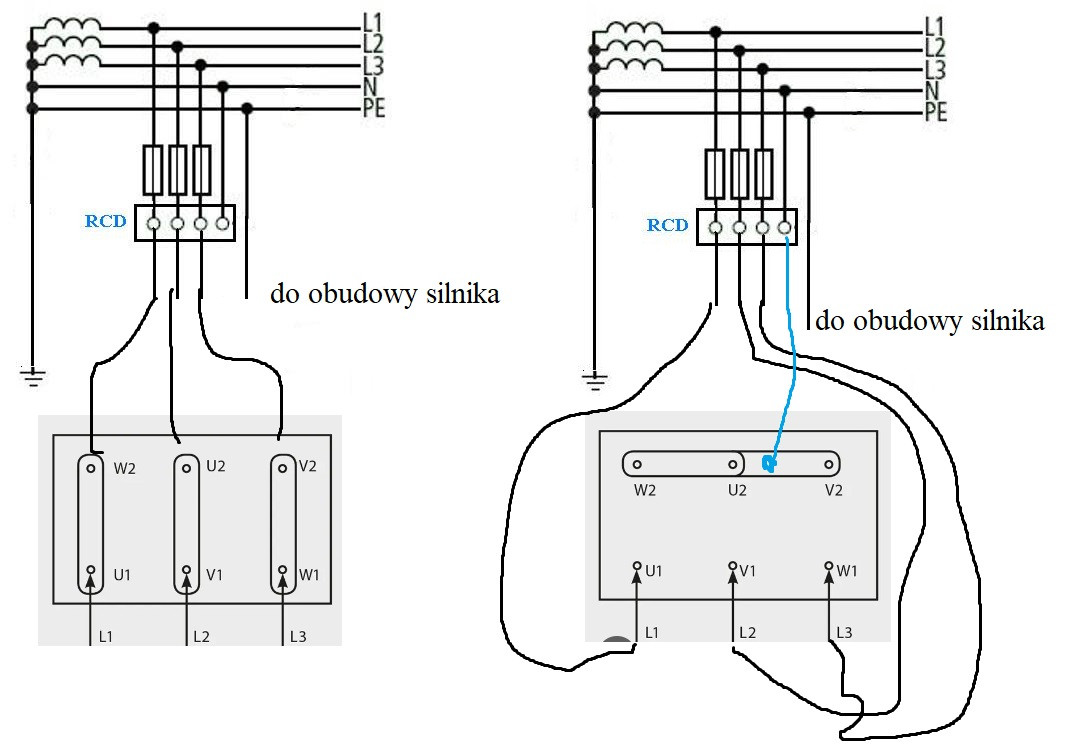 Podłączenie silnika 3-fazowego do wyłącznika różnicowoprądowego