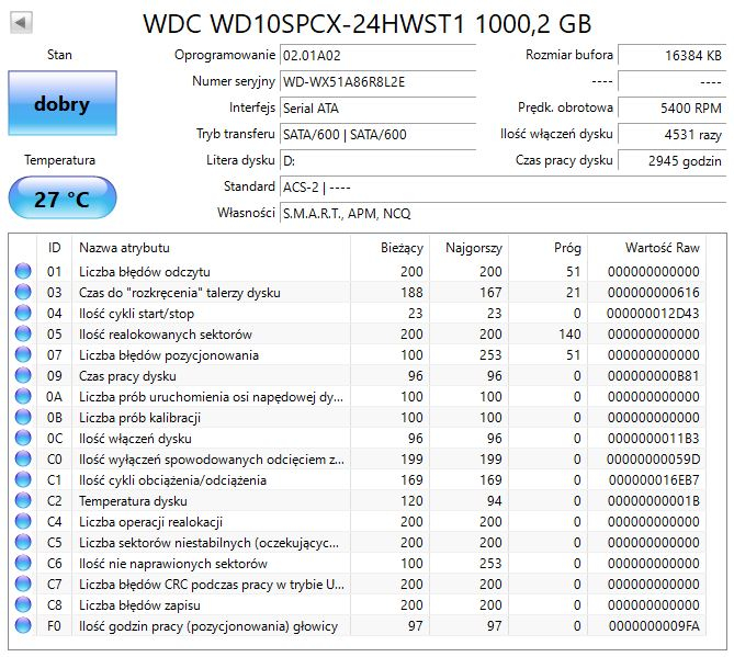 Dysk WDC WD10SPCX-24HWST1: stuknięcia, tymczasowa utrata dostępu, dane ...