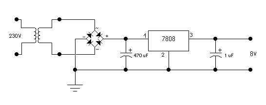 Schemat zasilacza 12V AC na 6-9V DC dla kamery 640mW