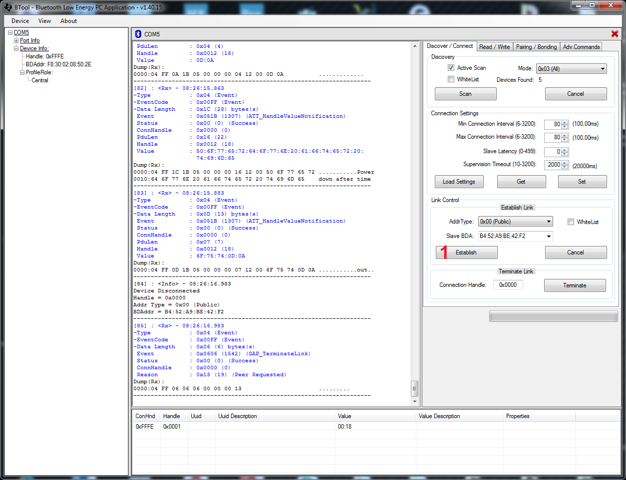 Texas Instruments narzędzie BTool i próba komunikacji przez bluetooth