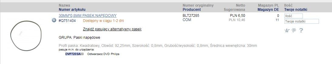 DVD Philips DVP720SA/02: Poszukiwany pasek - gdzie zakupić? (zdjęcie)