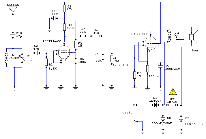 Schemat radia na lampach PFL200 z zakresem 5-7MHz AM - 2