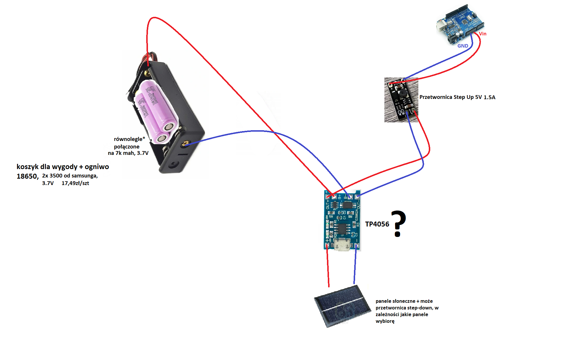 Zasilanie projektu Arduino akumulatorem ładowanym z paneli słonecznych.