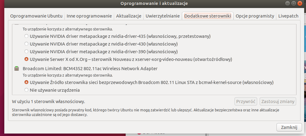 Nieaktywna karta Broadcom BCM4352 na Ubuntu 18.04 LTS - brak WiFi