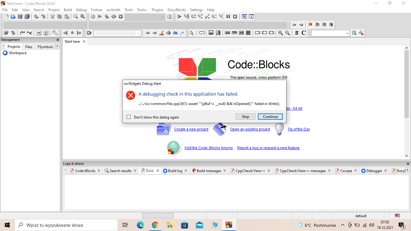 Błędy przy uruchamianiu pierwszego projektu w CodeBlocks 20.03mingw-setup.exe