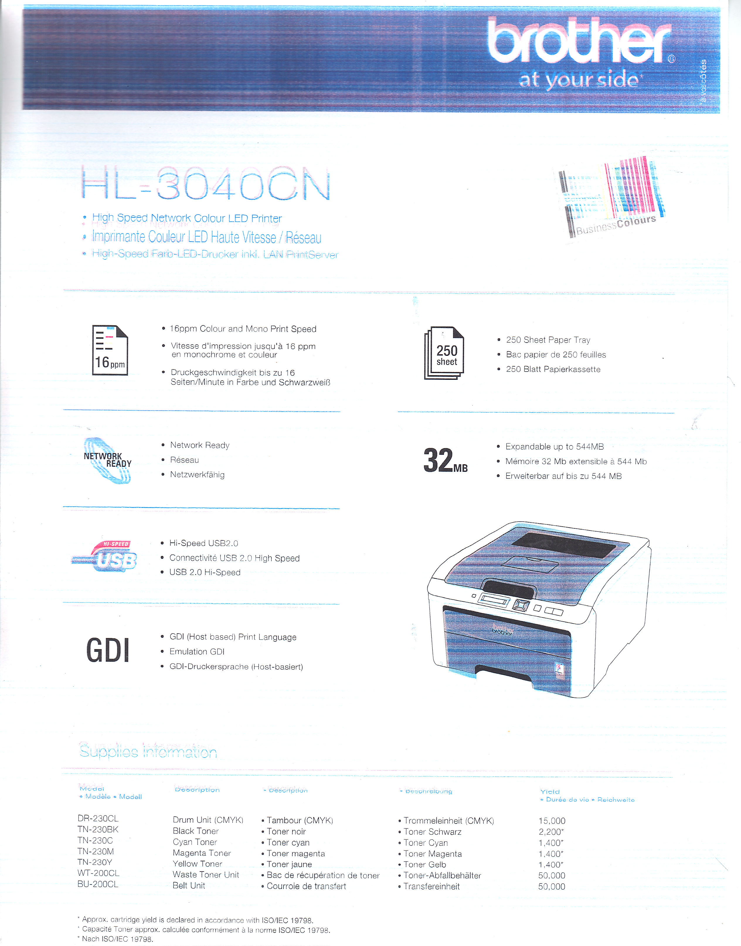 Brother HL-3040CN - kiepski wydruk, niebieskie paski.