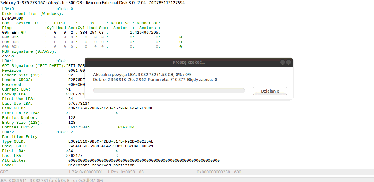 Kopia posektorowa uszkodzonego dysku w programie DMDE dla LInux