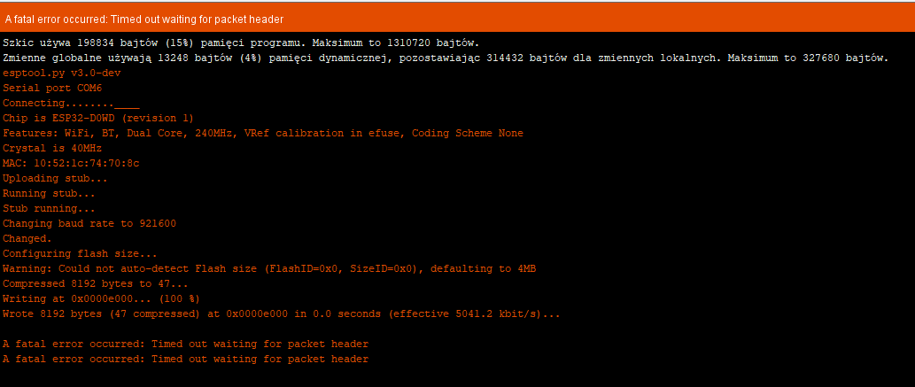 ESP32-A fatal error occurred: Timed out waiting for packet header