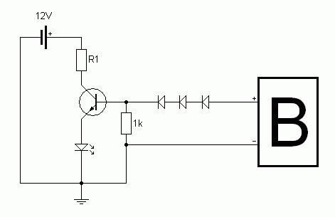 Schemat układu: dioda LED świeci przy napięciu 2V+ z urządzenia 1-7V