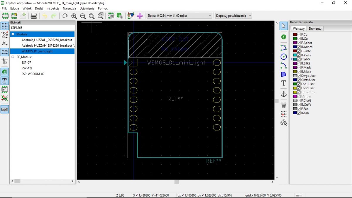 Projektowanie PCB dla ESP8266: Wybór modułu, biblioteki w KiCad