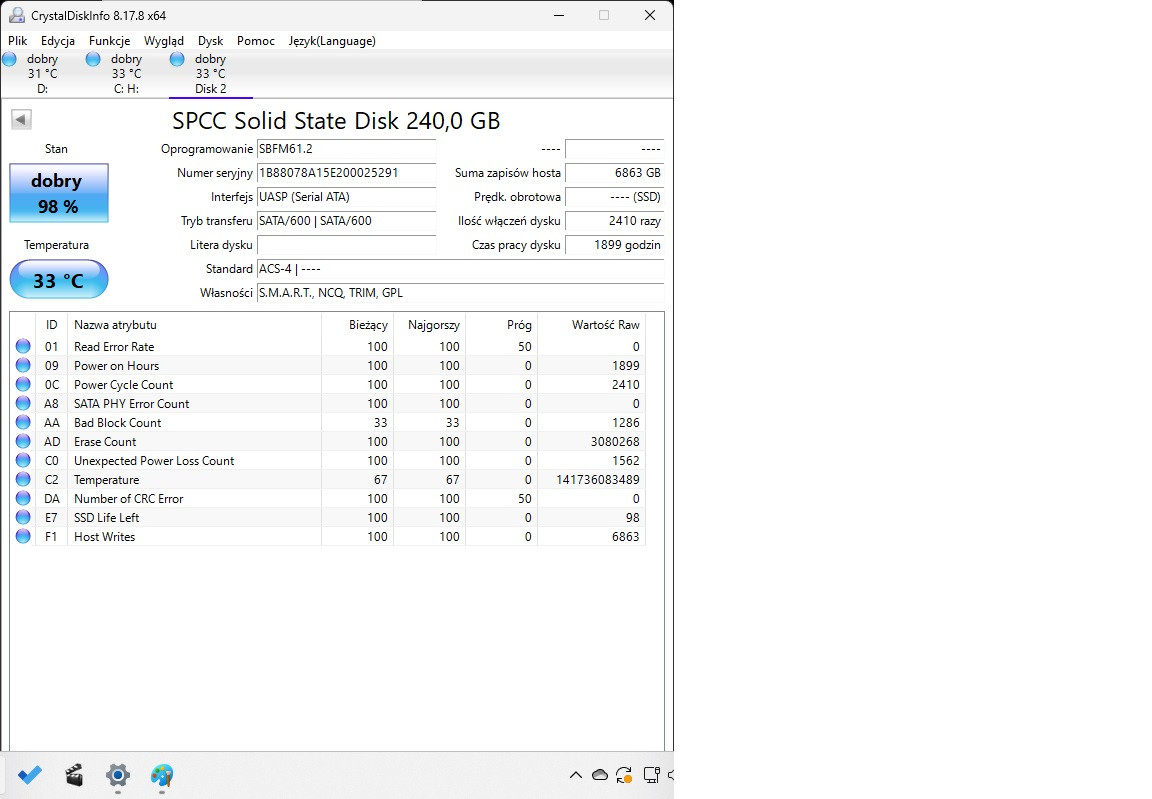 Dlaczego dysk SSD SPCC 240GB nie jest widoczny w systemie? Płyta: B360M ...
