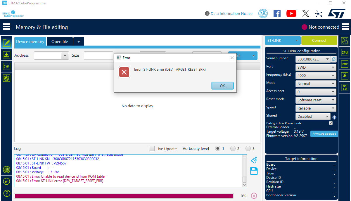 Błąd DEV_TARGET_RESET_ERR przy STM32F411CEU6 i STlink v2