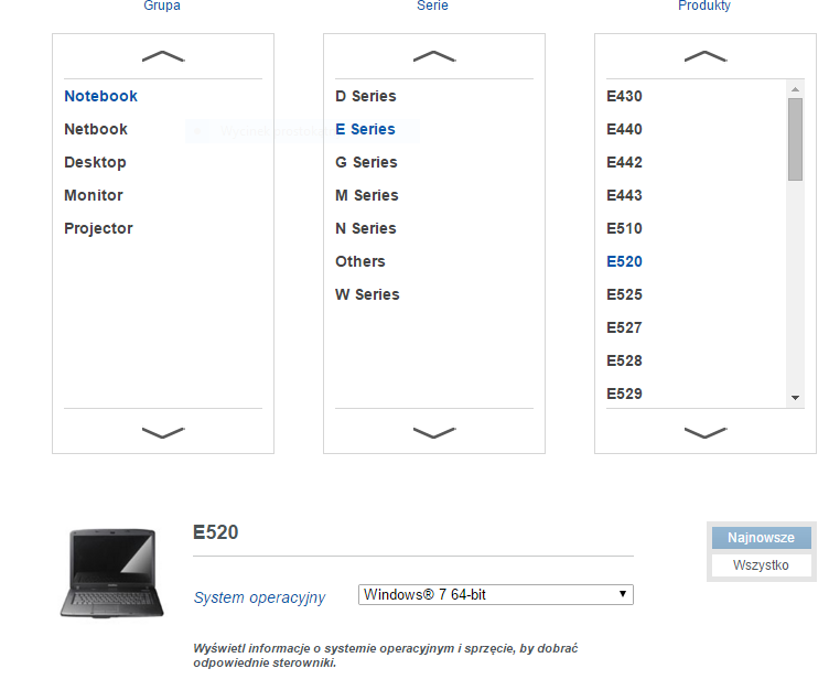 Brak sterowników WiFi po formacie laptopa eMachines e520 (Windows XP)