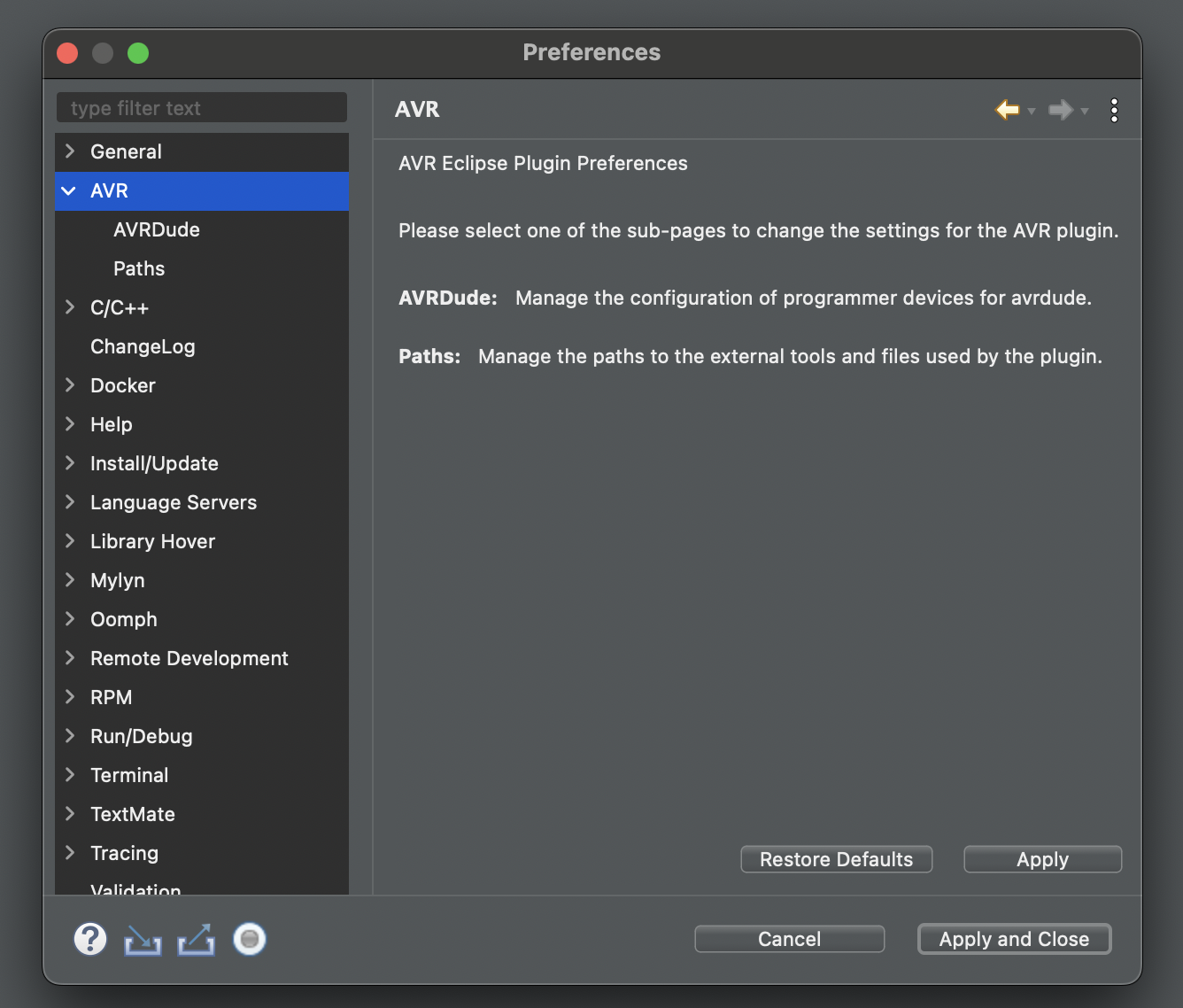 Konfiguracja Eclipse z AVR Plugin na macOS 14 nie wyświetla zakładki AVR