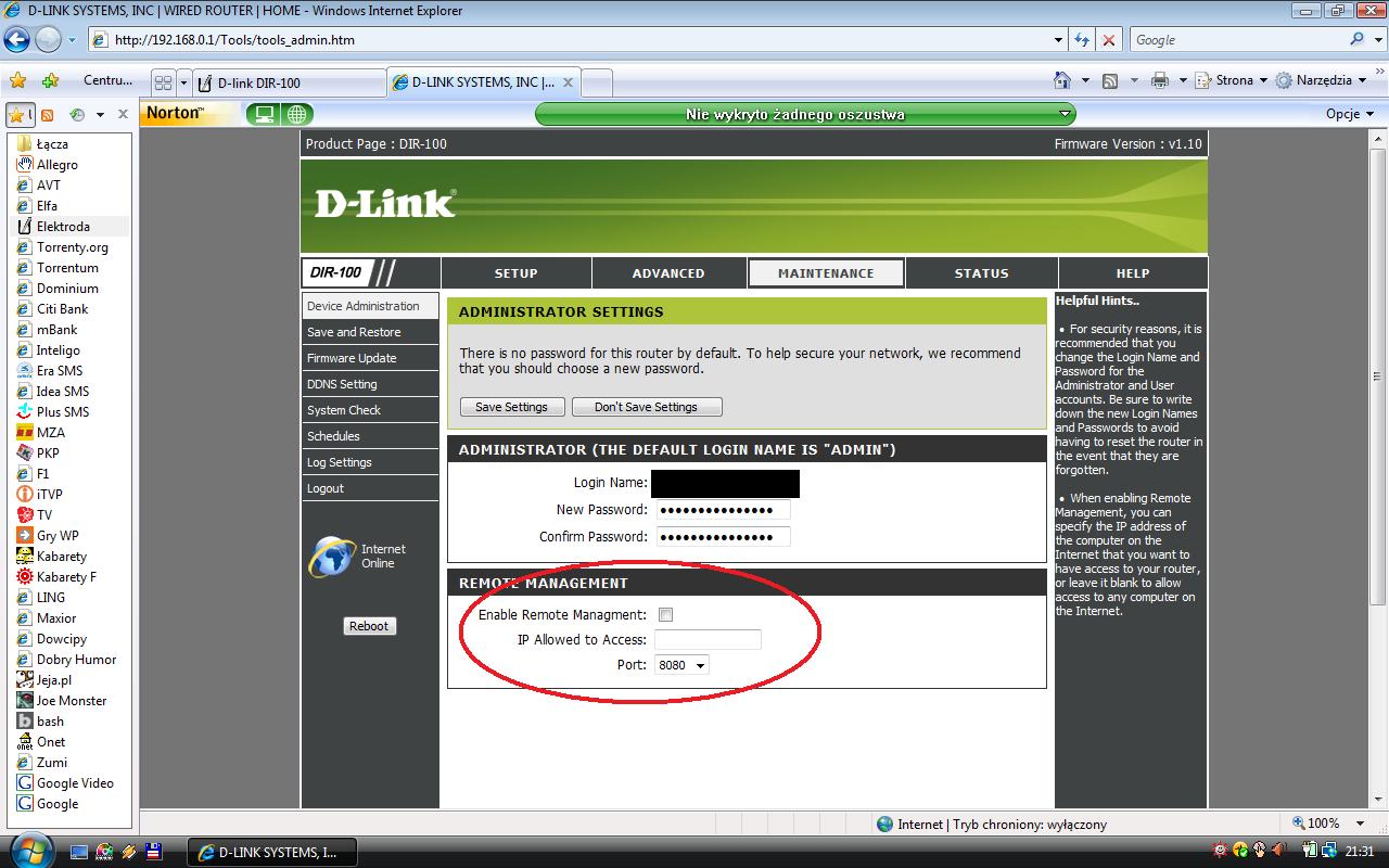 D-Link DIR-100 – brak dostępu z internetu przez port 8080 mimo stałego IP