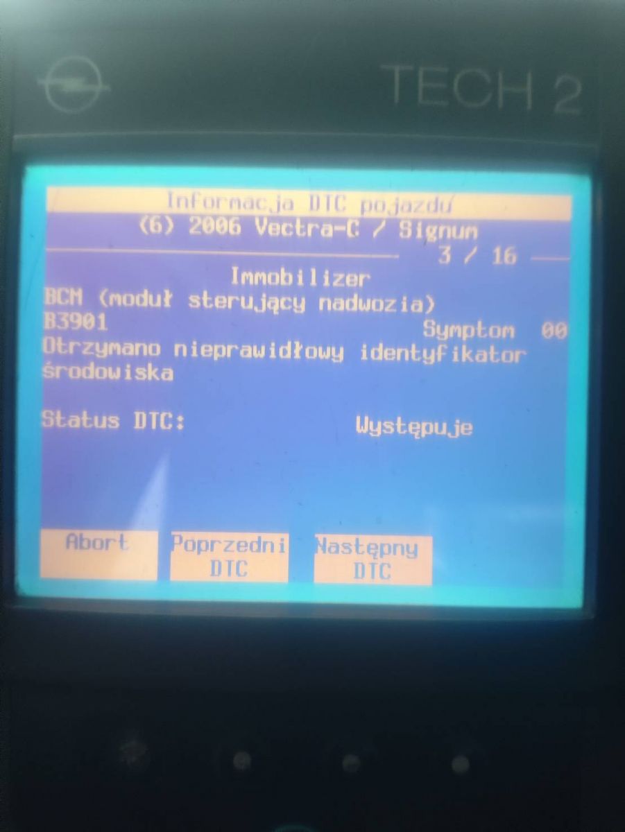 Vectra C Z18XE nie startuje - błędy P1616, B3901, miga immobilizer