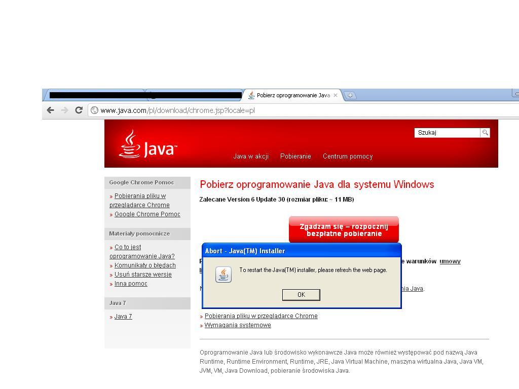 Błąd instalacji Java - komunikat przy próbie instalacji offline i online