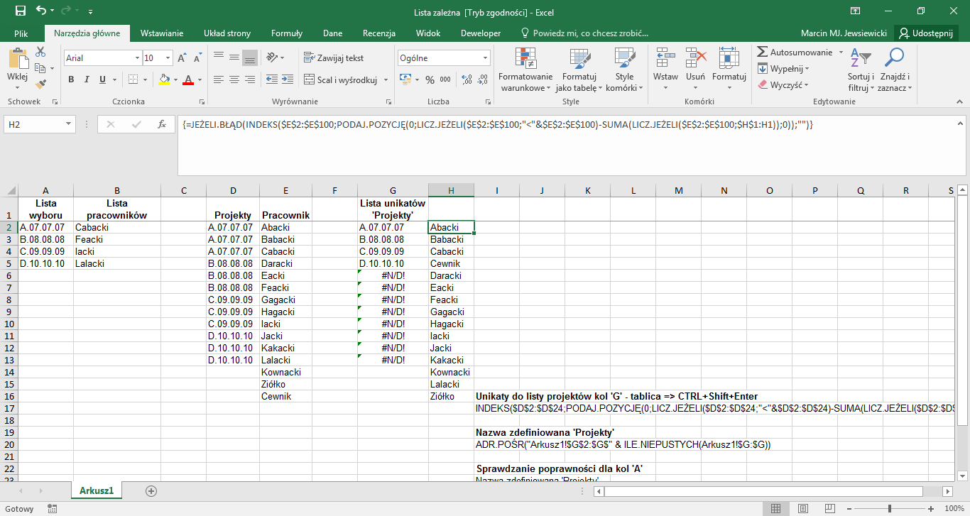 Excel - dynamicznie rozwijana lista z filtrowaniem projektów według ...