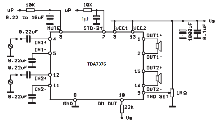 Wzmacniacz TDA7376 - Jak podłączyć nóżki MUTE, STD-BY, THD SET, DD OUT?