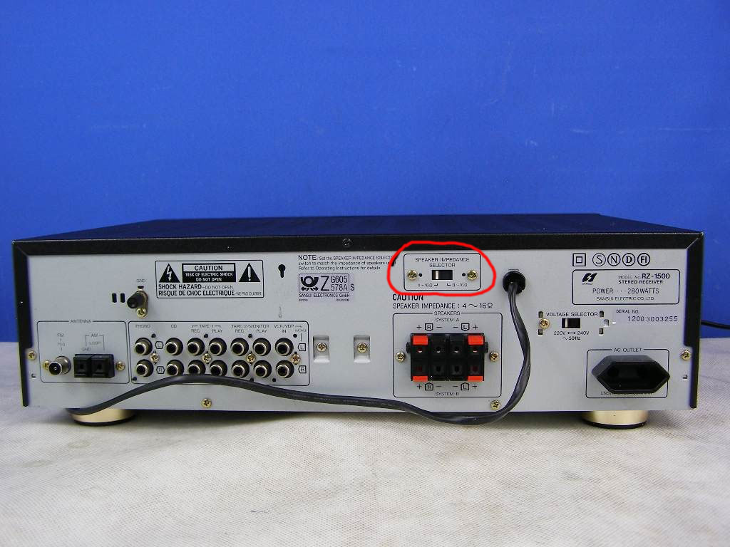 Amplituner SANSUI RZ-1500, przełącznik impedancji kolumn