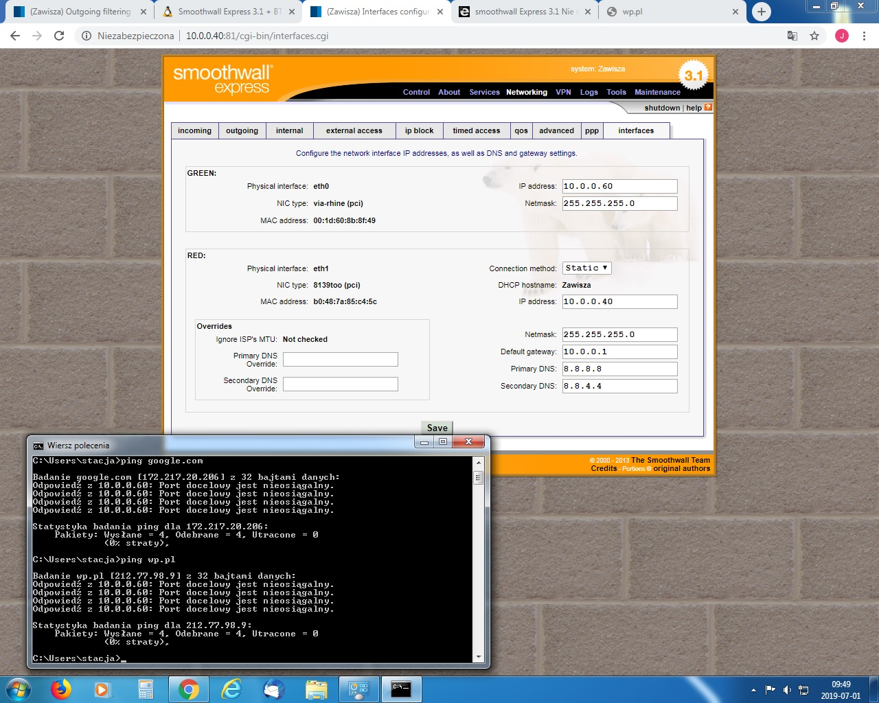 Smoothwall Express 3.1 Nie moge połaczyć sie z internetem przez firewall.