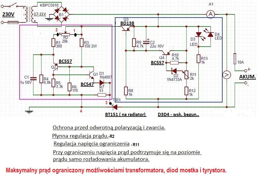 Schemat prostownika 12/24V z regulacją prądu ładowania i ...