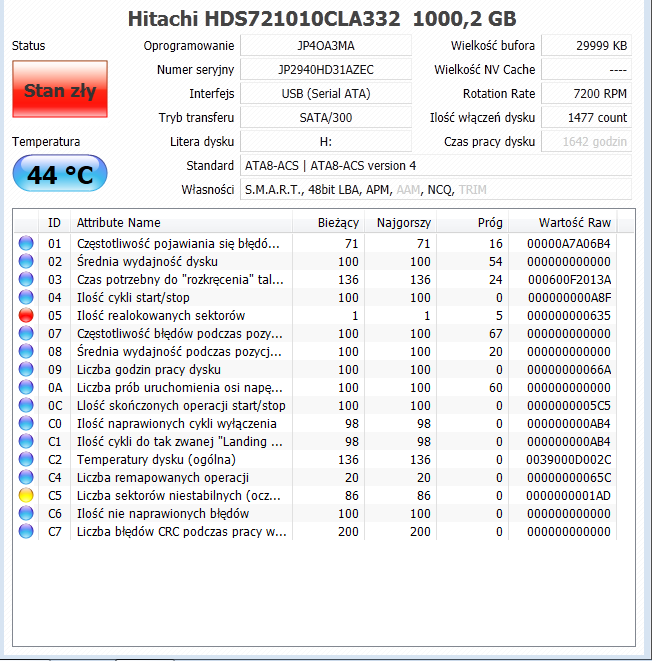 Problem z dyskiem zewnętrznym Hitachi Xl 1000 błąd z rozruchiem ...