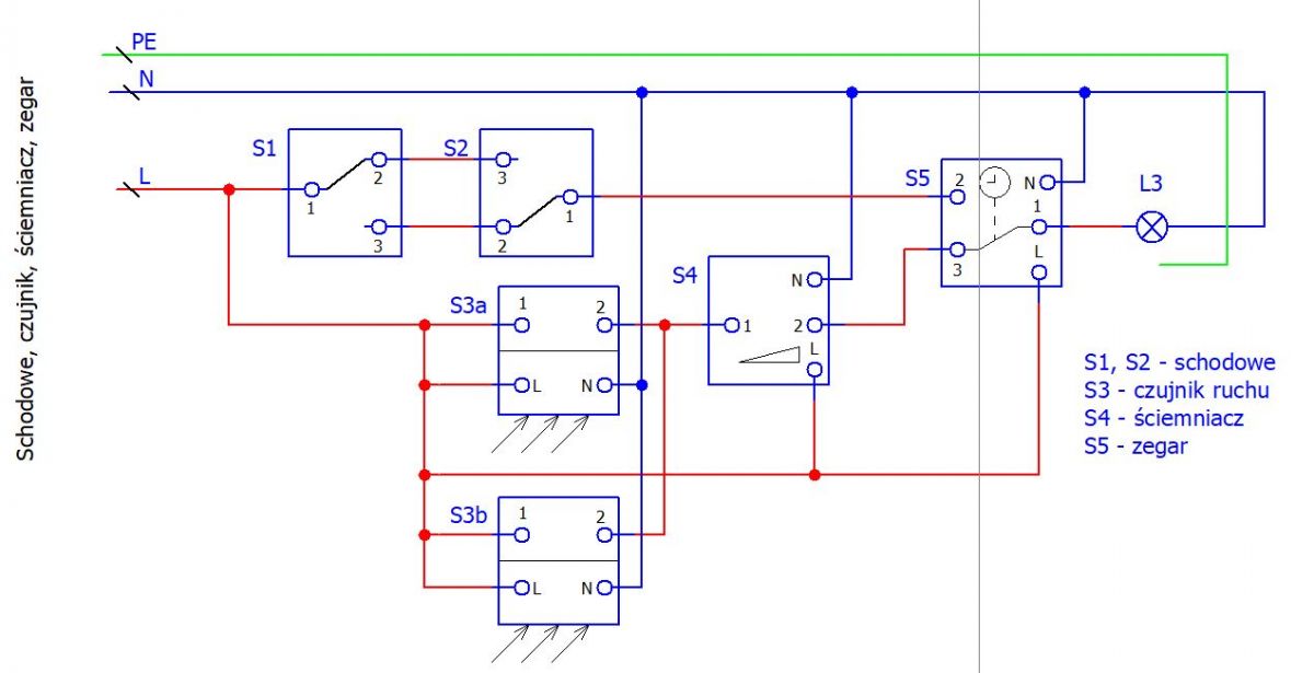 Układ oświetlenia korytarza: wyłączniki schodowe, czujniki ruchu ...