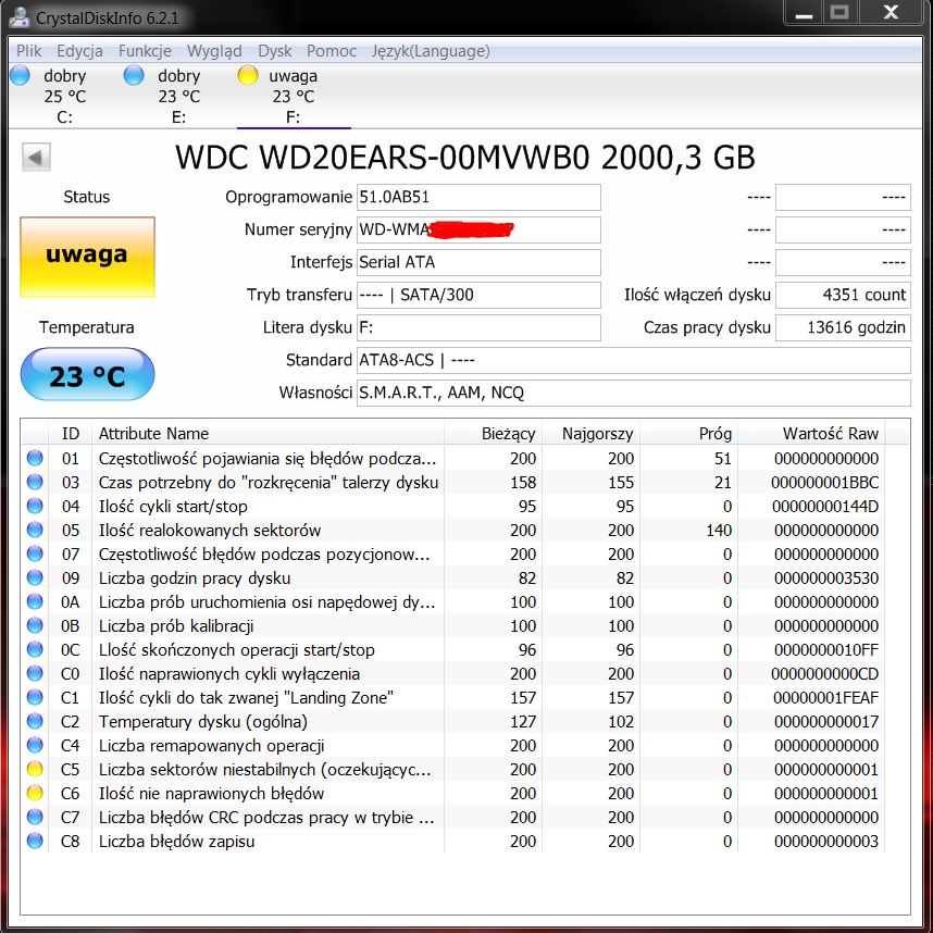 Western Digital WD Green WD20E - Crystal Disc info wyświetla "Uwaga"