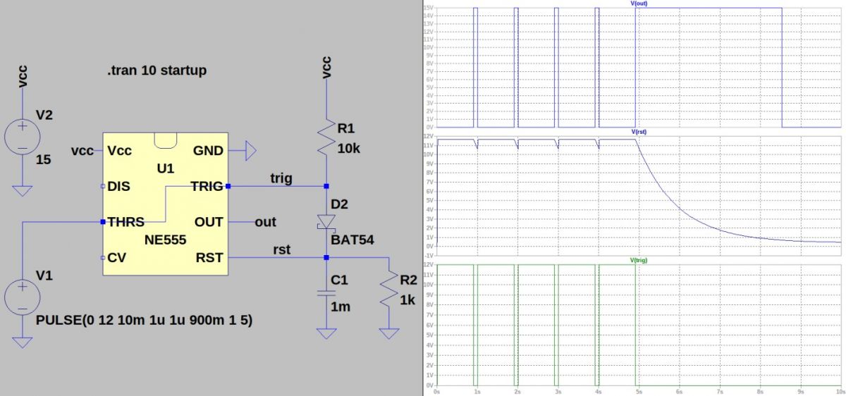 NE555 - Jak ustawić reset po 5 sekundach przy zatrzymaniu impulsów?