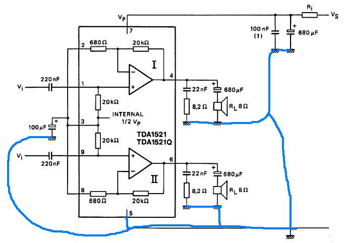 Wzmacniacz TDA1521 gra bardzo cicho, czy przyczyną może być napięcie 22V?