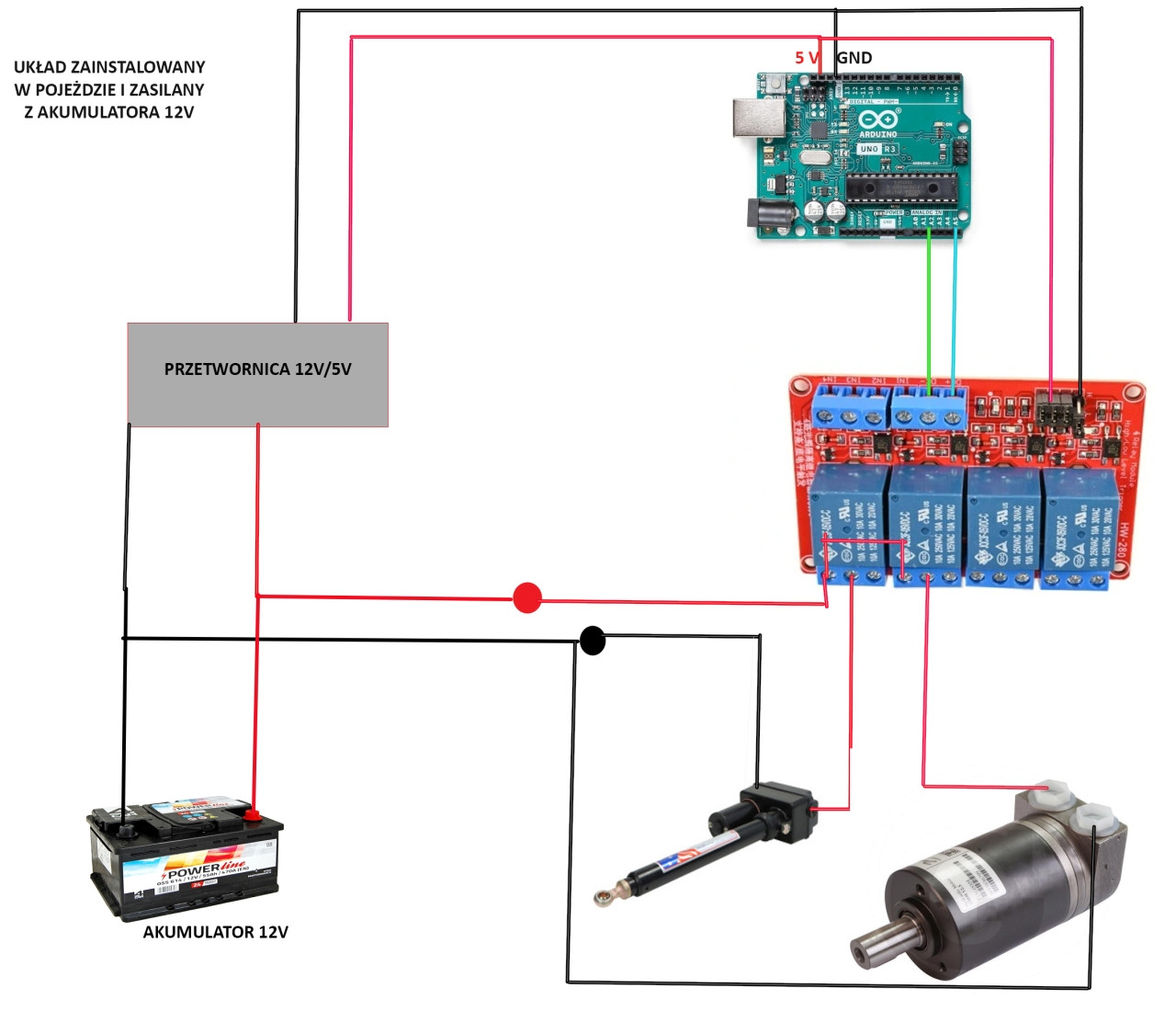 Układ elektroniczny z Arduino 5V w pojeździe z akumulatorem 12V