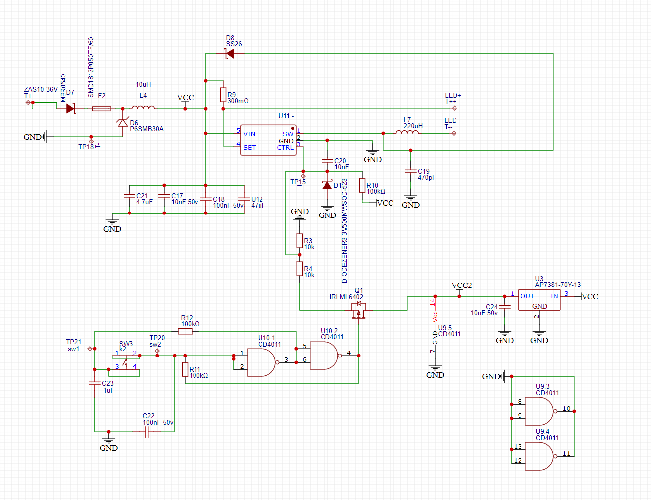 Schemat zasilacza LED 3W 350mA z CD4011 i monostabilnym przełącznikiem ...