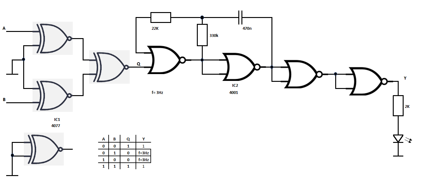 Generator 3Hz na bramkach XNOR CMOS 4077 do LED-y - elektroda.pl