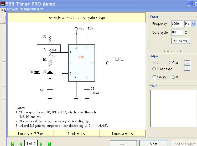 Generator na NE555 z regulacją wypełnienia i częstotliwości.